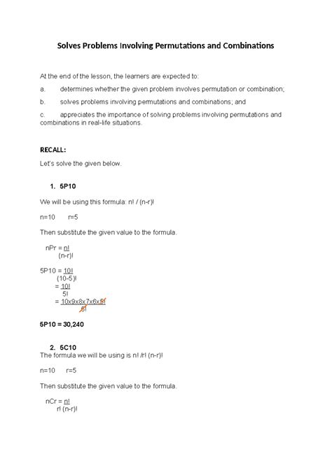 solves problems involving permutations and combination 1 determines