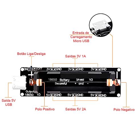 Módulo Carregador para 1 Bateria 18650 com saída de Alimentação 5V 2A e 3V 1A para Arduino Esp