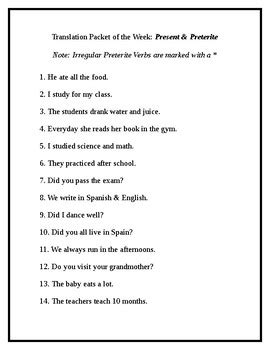 Spanish Weekly Translation Packet Present Preterite Sentences