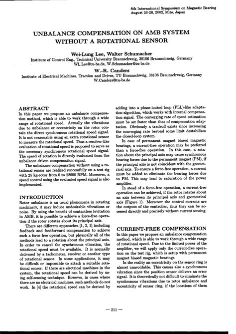 Pdf Unbalance Compensation On Amb System Without A Rotational Sensor