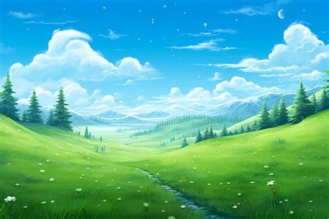 Premium Ai Image Green Meadow And Blue Sky With White Clouds Digital