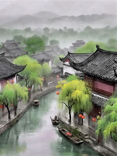 Dong Ding 《江南春》 唐·杜牧 千里莺啼绿映红，水村山郭酒旗风。南朝四百八十寺，多少楼台烟雨中。 诗画中国 Facebook