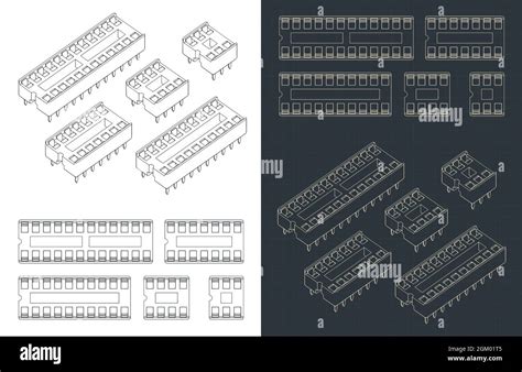 Stylized Vector Illustrations Of Blueprints Of Dip Sockets Mini Set