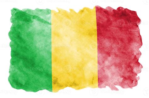 Mali Flag Is Depicted In Liquid Watercolor Style Isolated On White