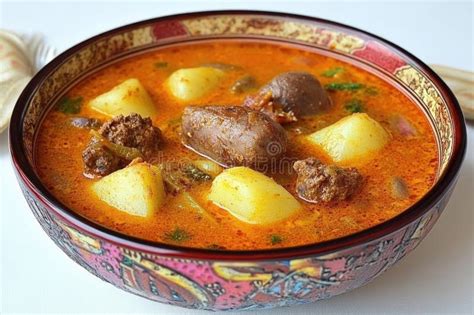 Traditional Beef Stew With Potatoes And Vegetables In A Decorative Bowl