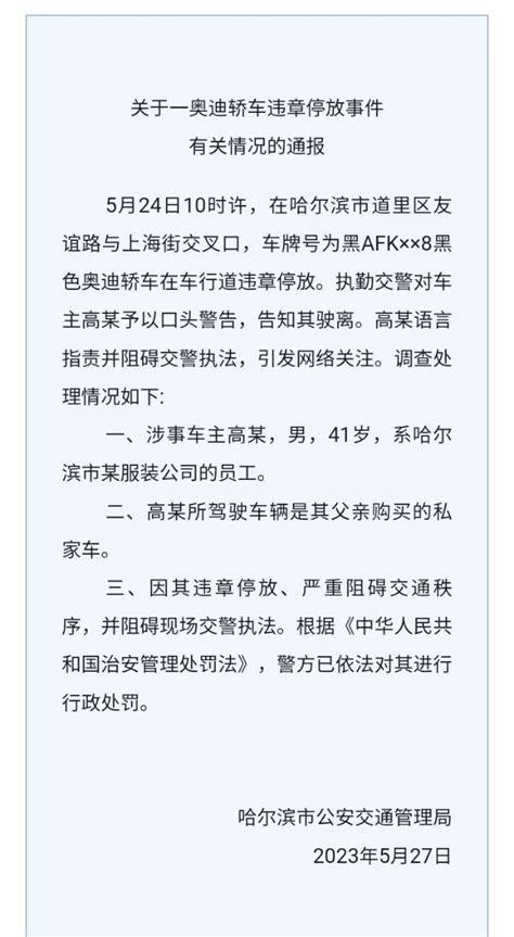 哈尔滨警方通报奥迪车主阻碍交警执法：车主系服装公司员工高某违章消息