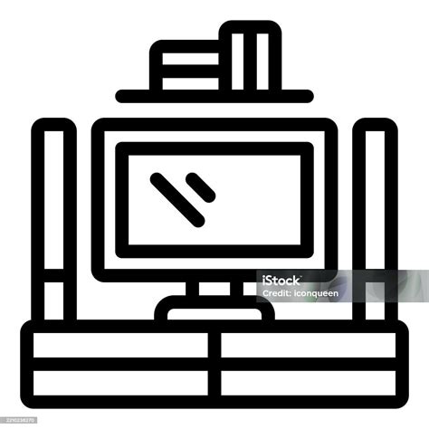 서랍과 오디오 시스템 라인 아이콘 집 인테리어 개념이있는 테이블에 Tv 벡터 그래픽입니다 흰색 배경에 텔레비전 책상 표시 스타일