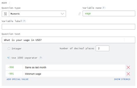special values for numeric questions