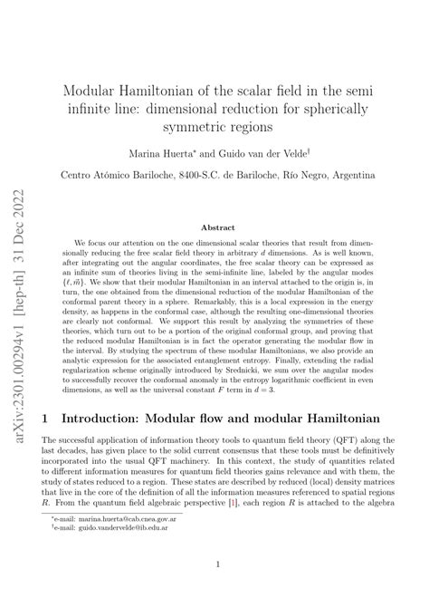 Pdf Modular Hamiltonian Of The Scalar Field In The Semi Infinite Line Dimensional Reduction