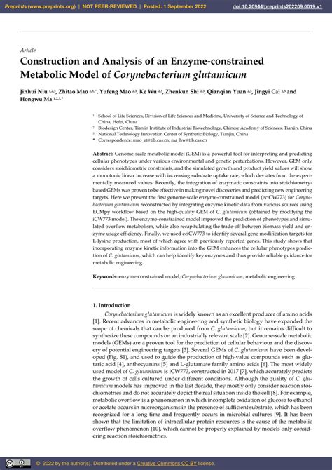 Pdf Construction And Analysis Of An Enzyme‐constrained Metabolic Model Of Corynebacterium