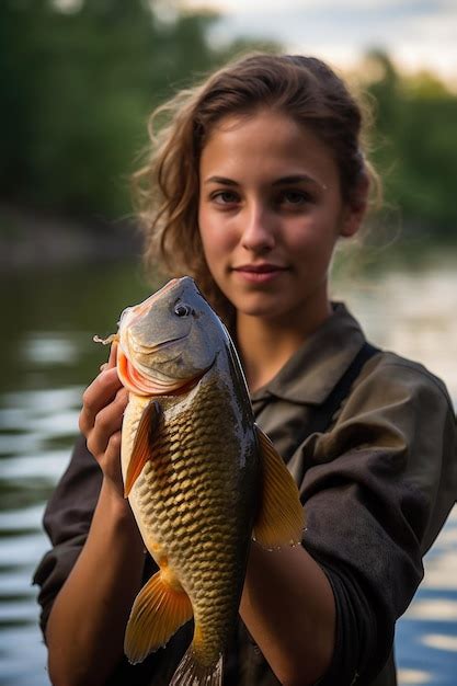 Premium Photo Portrait Of A Young Woman Holding Up A Beautiful Fish
