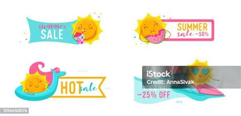 바다 파도에 귀여운 만화 태양 서핑 음료 칵테일 수박을 먹고 플로트 매트리스와 뜨거운 여름 세일 배너 세트 가와이피 지여름 활동 상점 할인 혜택 벡터 일러스트레이션 서핑