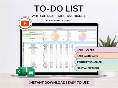 To Do List Tracker Task Planner Excel Google Sheets Template Productivity Planner Daily Weekly