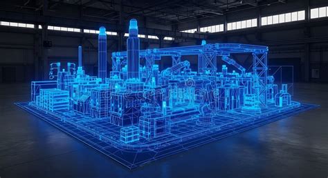 Futuristic Holographic Blueprint Of An Industrial Complex Illuminated