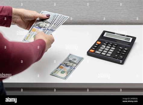 Man Presses A Calculator Button With His Finger Man Counting Dollars Cash Accounting High