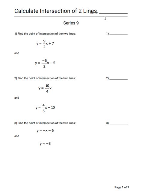 Math Calculate Intersection Of 2 Lines Worksheet Series 9 Geek Slop