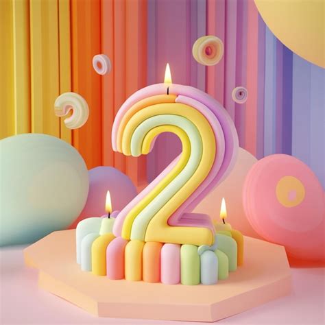 A Bright Rainbow Themed 3d Render Of Number Two Shaped Festive Candle