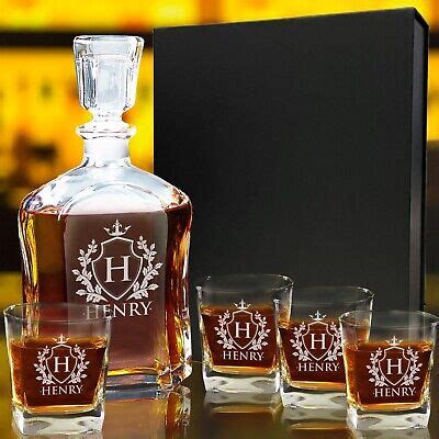 Custom Engraved Whiskey Decanter Set 4 Glasses And T Box Shield