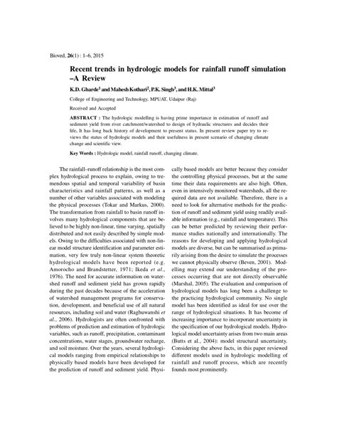 PDF Recent Trends In Hydrologic Models For Rainfall Runoff Simulation A Review