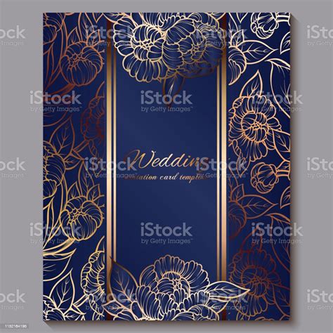 절묘 한 로얄 럭셔리 웨딩 초대장 텍스트 프레임 및 장소 파란색 배경에 골드 황금 빛나는 그라데이션으로 장미 또는 모란으로 만든 레이스 단풍 0명에 대한 스톡 벡터 아트 및