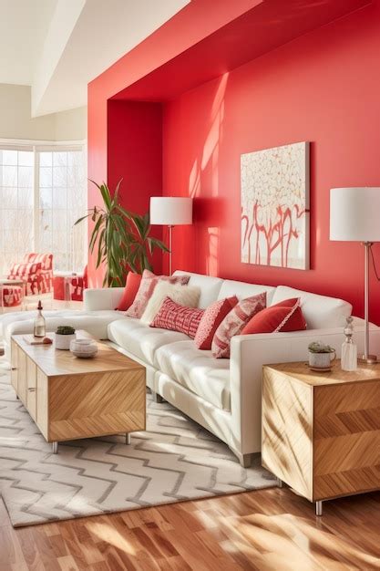 Premium Photo Vibrant Red Accent Wall Living Room Interior Design