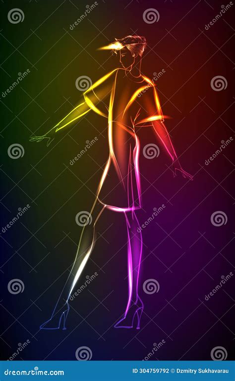 Hand Drawn Fashion Model From A Neon A Light Girl S Stock Vector