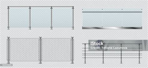현실적인 유리 및 금속 발코니 난간 와이어 울타리 강철 난간투명 테라스 난간 풀 펜싱 섹션 벡터 세트 철책에 대한 스톡 벡터 아트 및 기타 이미지 Istock