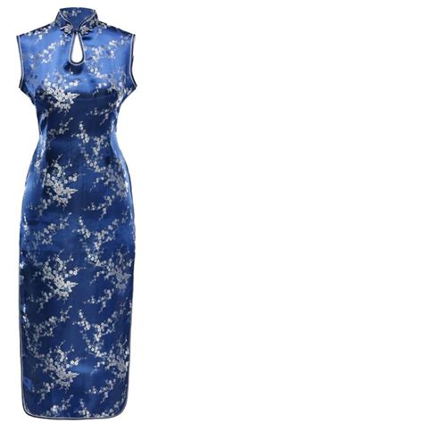 7fairy Womens Navy Blue Cheongsam Chinese Dress Floral Long Keyhole