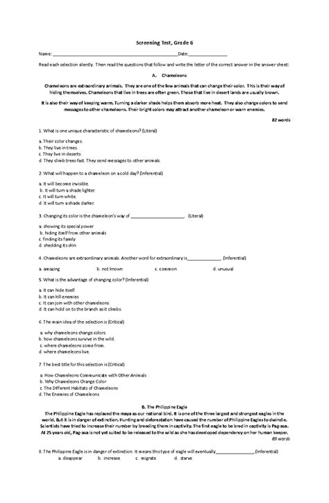 Grade 6 Screening Test On Chameleons Philippine Eagles And Coral Reefs