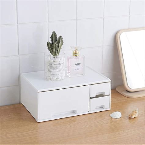 White Stackable Makeup Organizer With Drawers Plastic Storage Box For