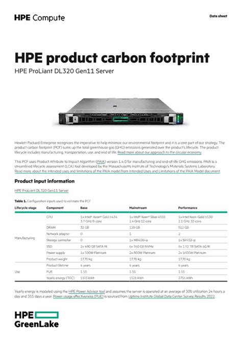 Hpe Product Carbon Footprint Hpe Proliant Dl320 Gen11 Server