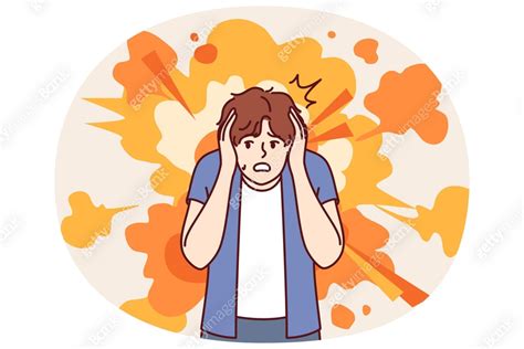 Frightened Man Gets Scared By Explosion And Covers Ears With Hands To