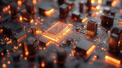 Glowing Orange Circuit Board With Microchip Stock Illustration