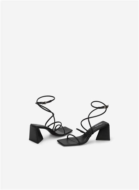 Lizard Effect Ankle Strap Block Heel Sandals Pum 0738 Black Vascara