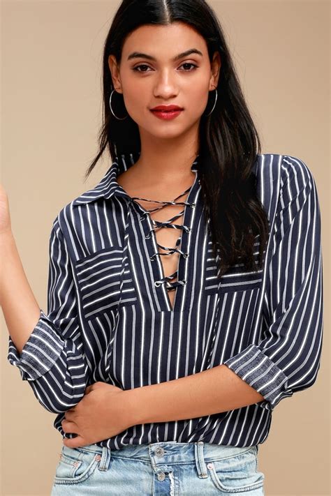 Lace Up Top Long Sleeve Top Navy Blue And White Shirt Lulus