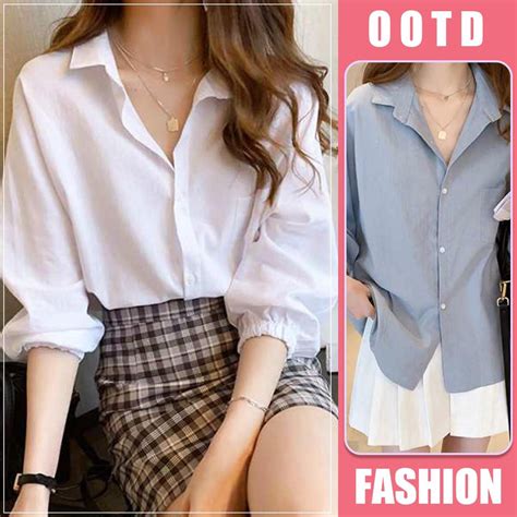 Koko W284 ️เสื้อเชิ้ตแขนยาว คอวี สีขาว เสื้อผ้าแฟชั่น สไตล์เกาหลี Polo ปก เสื้อไปทำงานปุ่ม สีทึบ