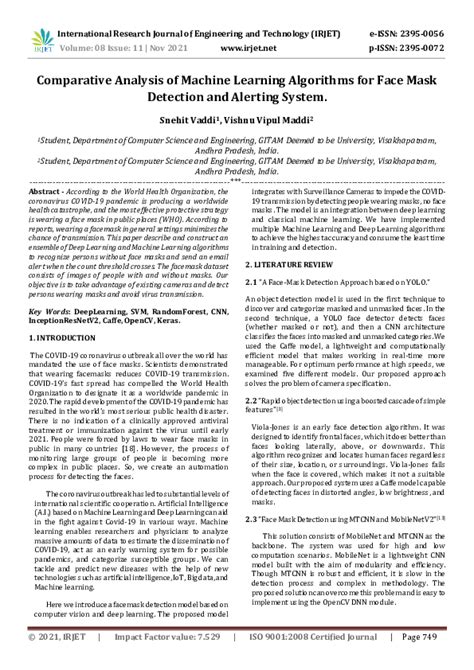 Pdf Comparative Analysis Of Machine Learning Algorithms For Face Mask
