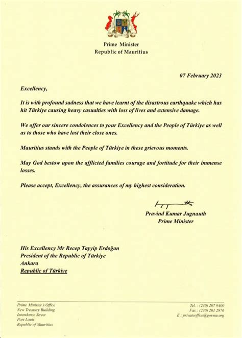 Communiqué Séisme en Turquie message de condoléance du Premier