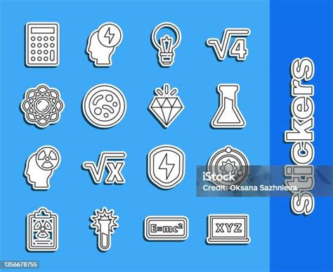 세트 라인 Xyz 좌표 시스템 태양 테스트 튜브 및 플라스크 아이디어 박테리아 원자 계산기 및 다이아몬드 아이콘의 개념과 전구 벡터 3차원 형태에 대한 스톡 벡터 아트 및