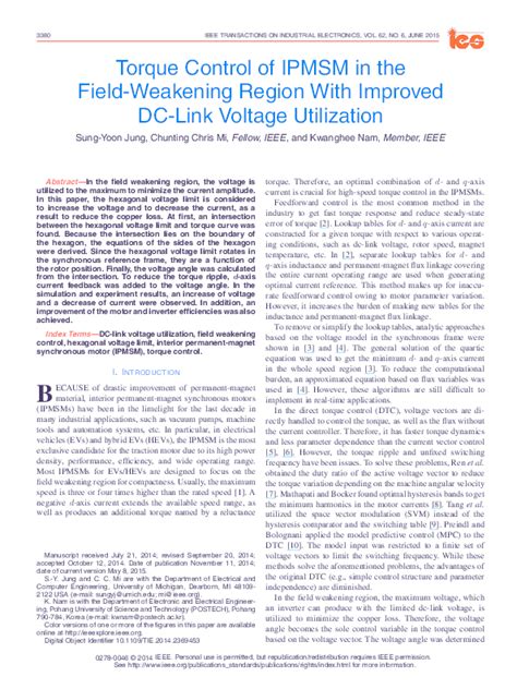 Pdf Torque Control Of Ipmsm In The Field Weakening Region With Improved Dc Link Voltage