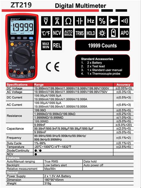 Zoyi 1pc High Precision Digital Multimeter Auto Range 19999 Counts