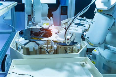 Automate Robot Arm With Silicon Wafers And Microcircuits And Automation System Control