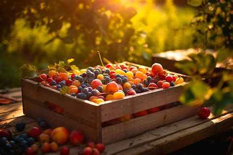 Agriculture And Harvesting Concept With Fresh Fruits In Wooden Boxes