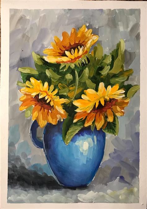 Подсолнухи в синей вазе Dipinti Floreali Dipinti Artistici Dipinti Semplici