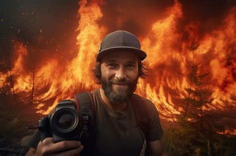 Photographer Capturing A Forest Wildfire In Generative Ai Premium Ai Generated Image