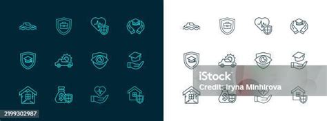 세트 라인 교육 보조금 방패가 있는 돈 가방 방패와 눈 손에 생명 보험 자동차 홍수 자동차 및 서류 가방 아이콘 벡터 가방에 대한 스톡 벡터 아트 및 기타 이미지 Istock