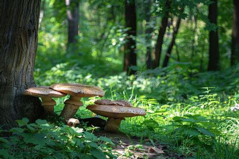 Mushrooms Thrives Under Trees Shade Remote Forest Clearing Natural