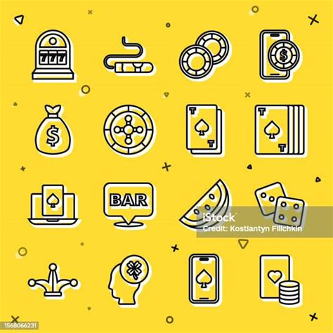 라인 카지노 칩과 카드 놀이 게임 주사위 갑판 칩 룰렛 휠 돈 가방 잭팟과 슬롯 머신 및 스페이드 아이콘을 설정하십시오 벡터 가능성에 대한 스톡 벡터 아트 및 기타 이미지