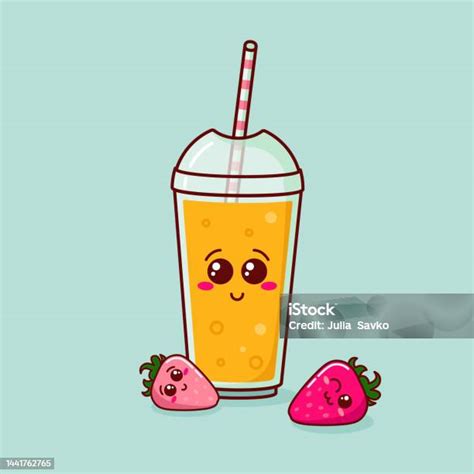 Ilustrasi Lucu Dengan Koktail Oranye Kartun Dan Stroberi Merah Muda