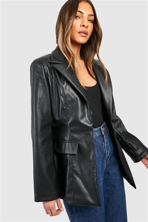 Leather Look Plunge Contour Tailored Blazer Boohoo Uk